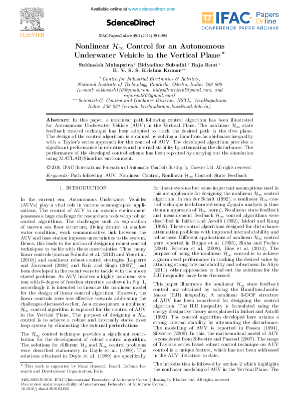 (PDF) Nonlinear H∞ Control for an Autonomous Underwater Vehicle in the ...