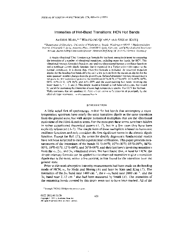 (PDF) Intensities of Hot-Band Transitions: HCN Hot Bands