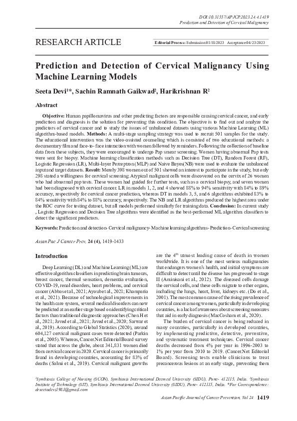 (PDF) Prediction and Detection of Cervical Malignancy Using Machine ...