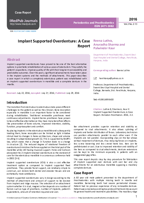 (PDF) Implant Supported Overdenture: A Case Report