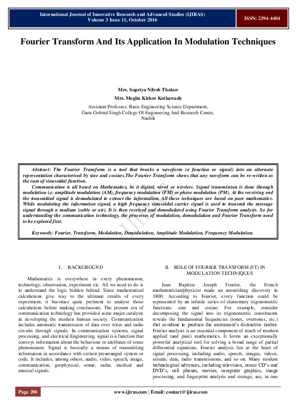 Pdf Fourier Transform And Its Application In Modulation Techniques