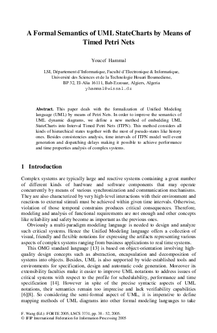 (PDF) A Formal Semantics of UML StateCharts by Means of Timed Petri Nets