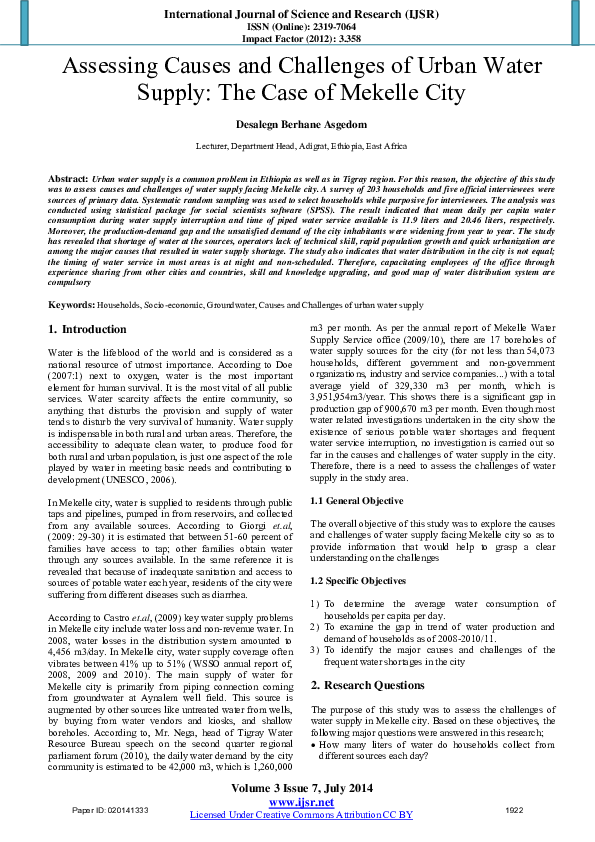 (PDF) Assessing Causes and Challenges of Urban Water Supply: The Case ...