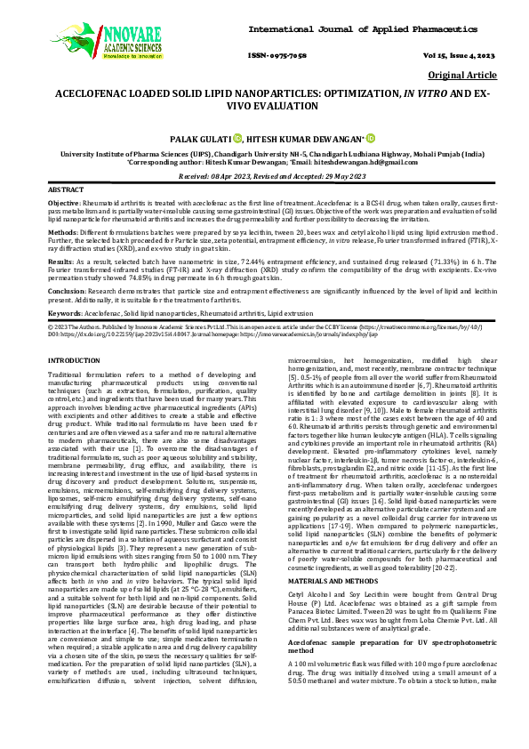 Pdf Aceclofenac Loaded Solid Lipid Nanoparticles Optimization In Vitro And Ex Vivo
