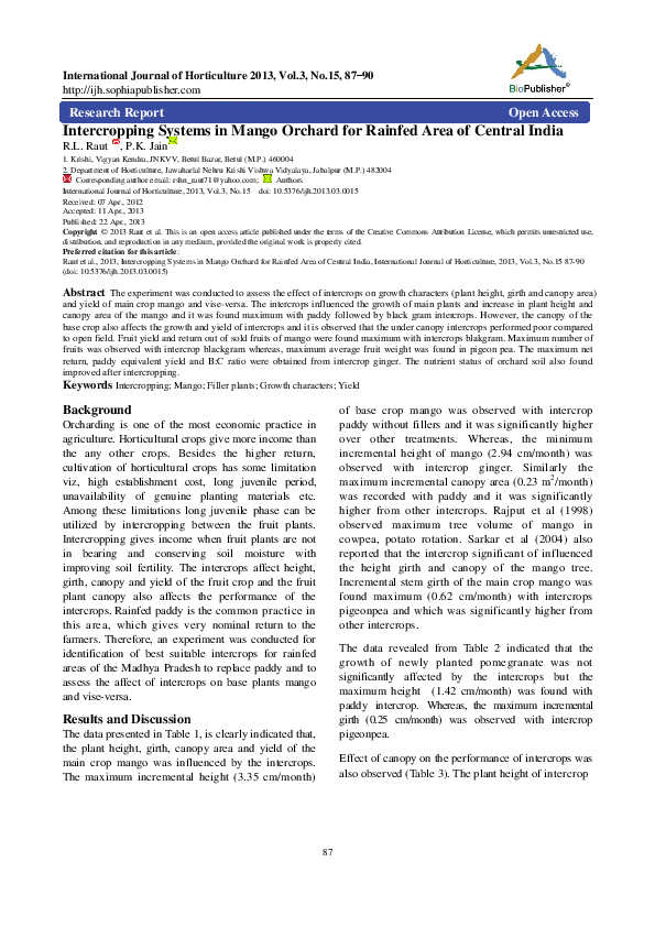 (PDF) Intercropping Systems in Mango Orchard for Rainfed Area of ...