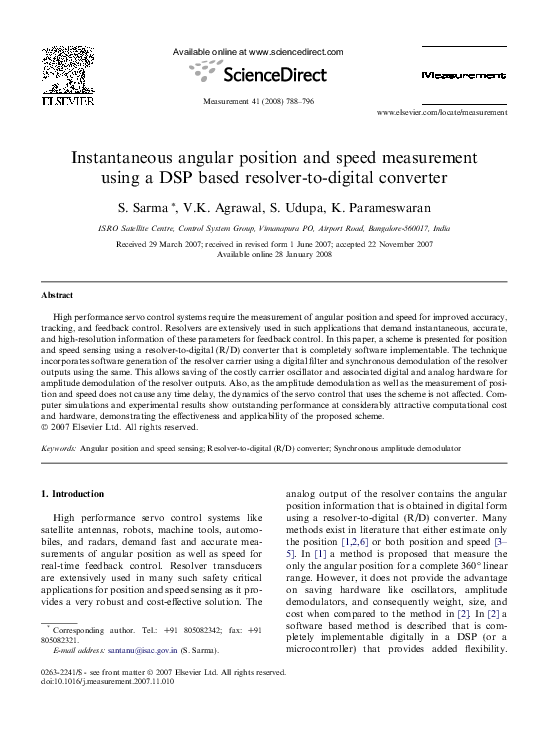 Pdf Instantaneous Angular Position And Speed Measurement Using A Dsp Based Resolver To Digital