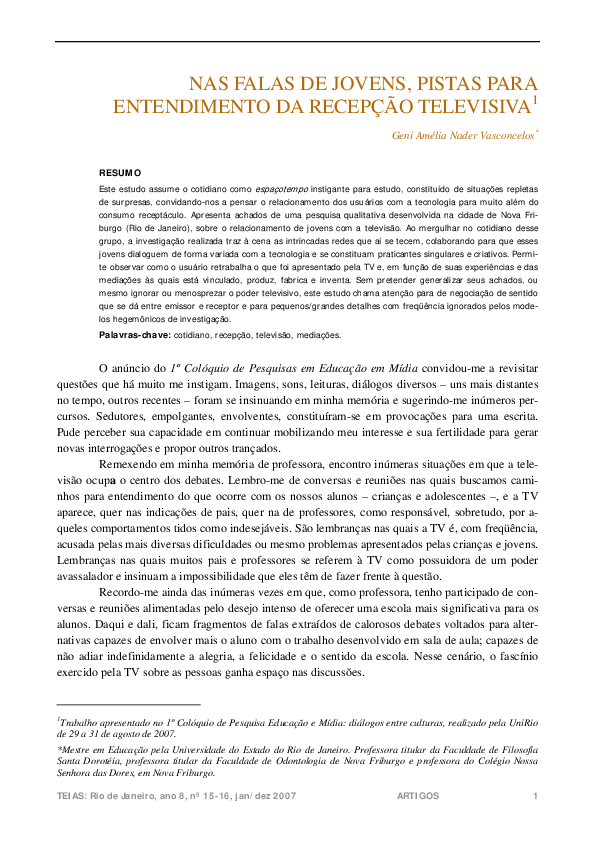 (PDF) Nas Falas De Jovens, Pistas Para Entendimento Da Recepção Televisiva