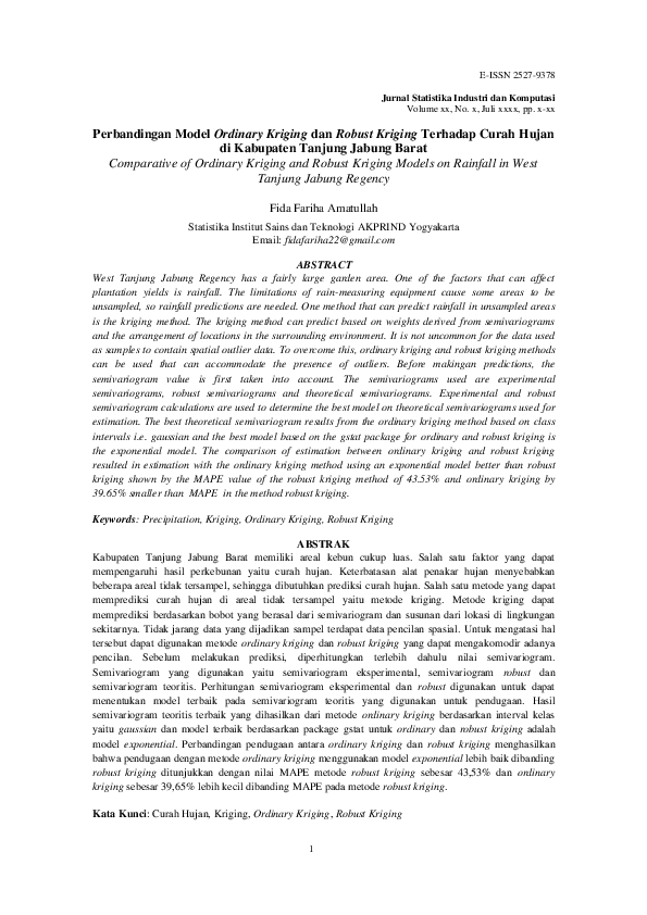 (PDF) Perbandingan Model Ordinary Kriging dan Robust Kriging Terhadap Curah Hujan di Kabupaten ...