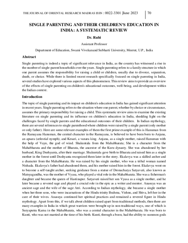 (PDF) SINGLE PARENTING AND THEIR CHILDREN'S EDUCATION IN INDIA: A SYSTEMATIC REVIEW