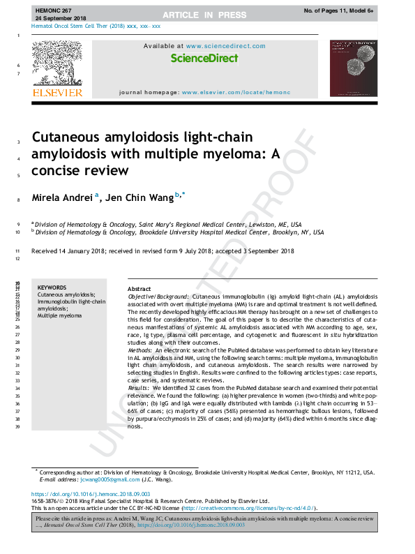(PDF) Cutaneous light chain amyloidosis with multiple myeloma: A ...