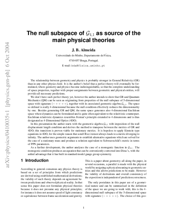 (PDF) The null subspace of G (4, 1) as source of the main physical theories