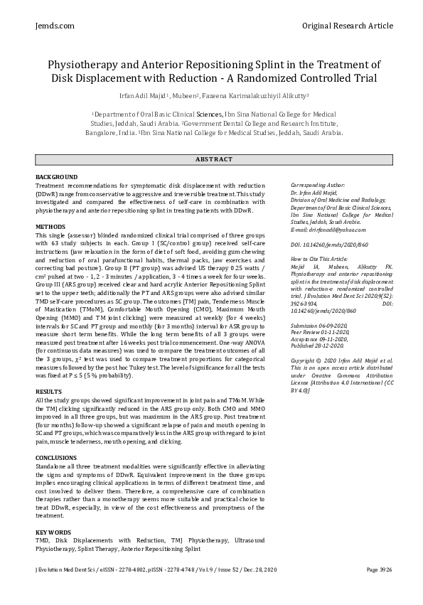 (PDF) Physiotherapy and Anterior Repositioning Splint in the Treatment ...