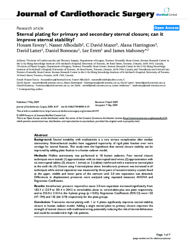 (PDF) Sternal plating for primary and secondary sternal closure; can it ...