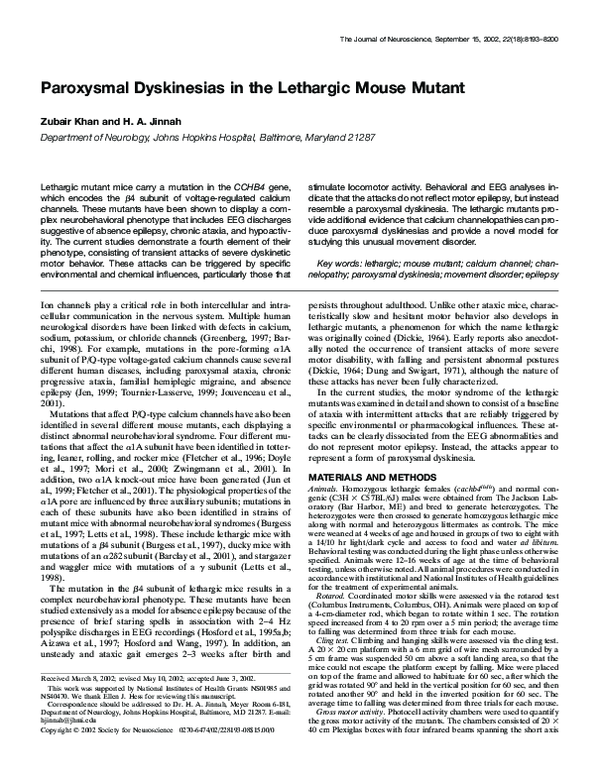 (PDF) Paroxysmal Dyskinesias in the Lethargic Mouse Mutant | Zubair ...