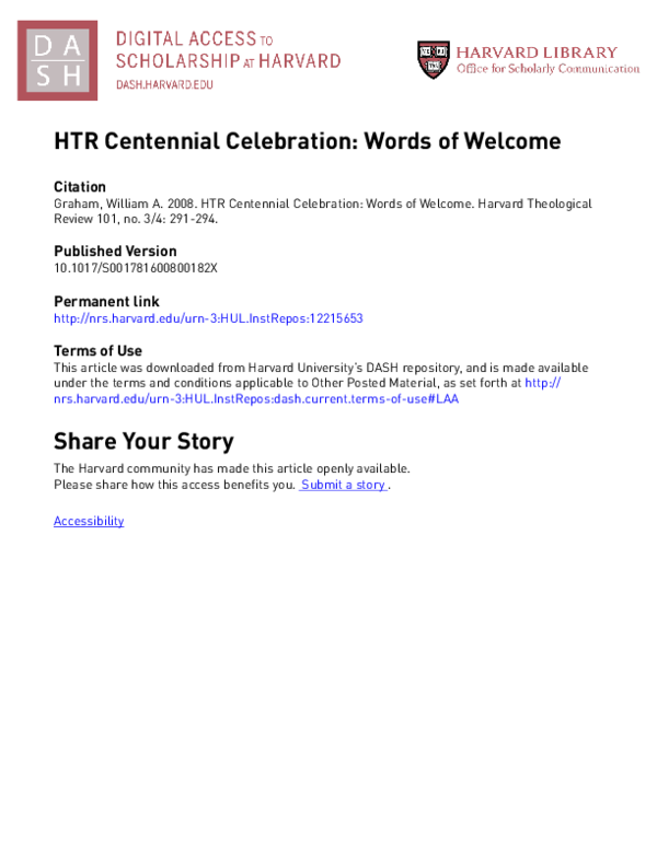 (PDF) HTR Centennial Celebration: Words of Welcome