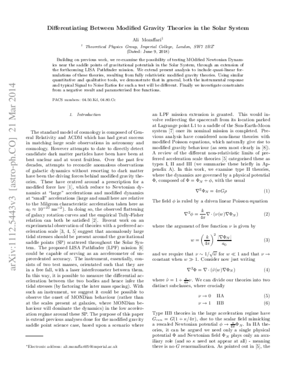 Pdf Differentiating Between Modified Gravity Theories In The Solar System