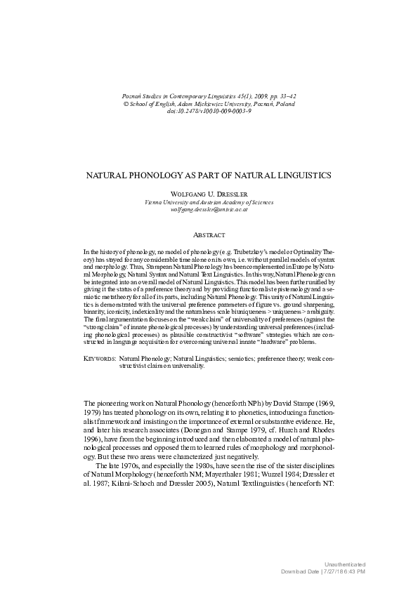 (PDF) Natural Phonology as Part of Natural Linguistics