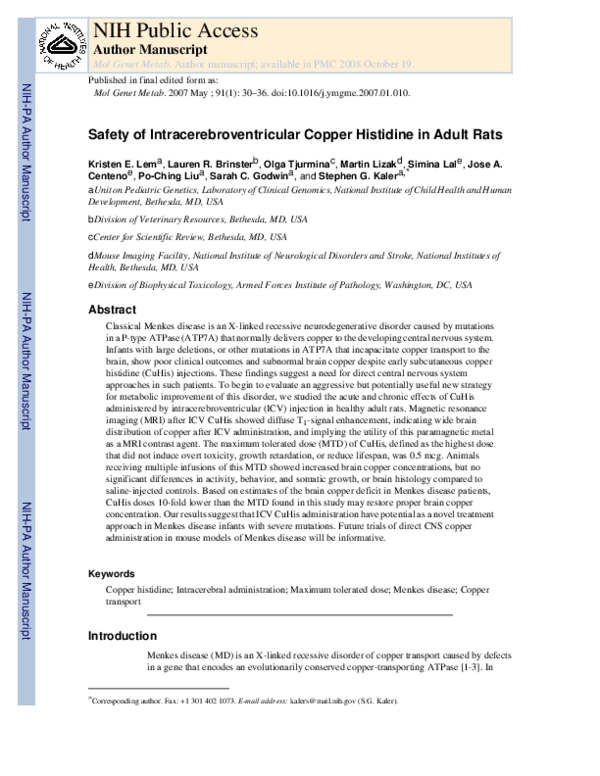 (PDF) Safety of intracerebroventricular copper histidine in adult rats