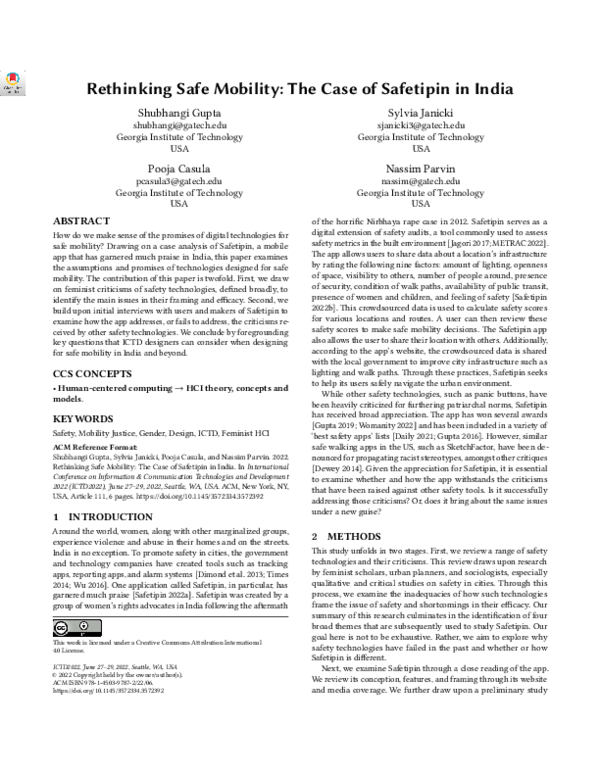 (PDF) Rethinking Safe Mobility: The Case of Safetipin in India