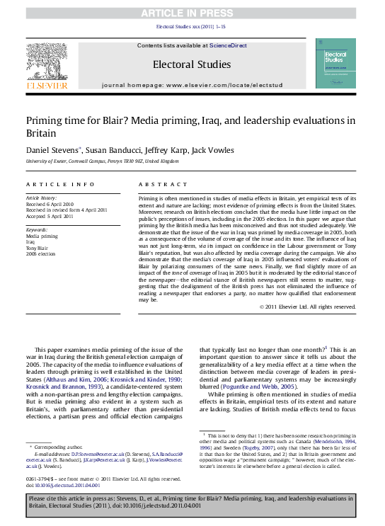 (PDF) Priming time for Blair? Media priming, Iraq, and leadership ...
