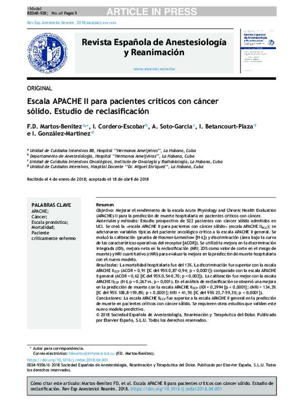 (PDF) Escala APACHE II para pacientes críticos con cáncer sólido ...