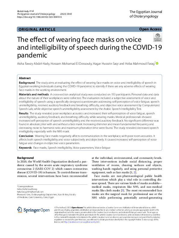 (PDF) The effect of wearing face masks on voice and intelligibility of ...