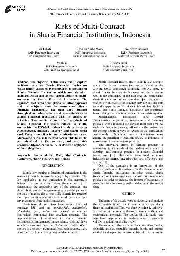(PDF) Risks of Multi-Contract in Sharia Financial Institutions, Indonesia