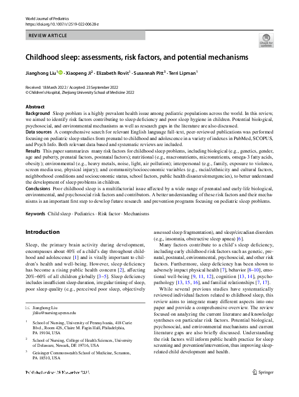 (PDF) Childhood sleep: assessments, risk factors, and potential mechanisms