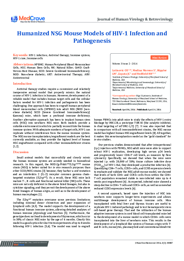 (PDF) Humanized NSG Mouse Models of HIV-1 Infection and Pathogenesis