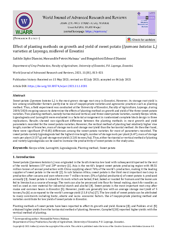 (PDF) Effect of planting methods on growth and yield of sweet potato (Ipomoea batatas L ...