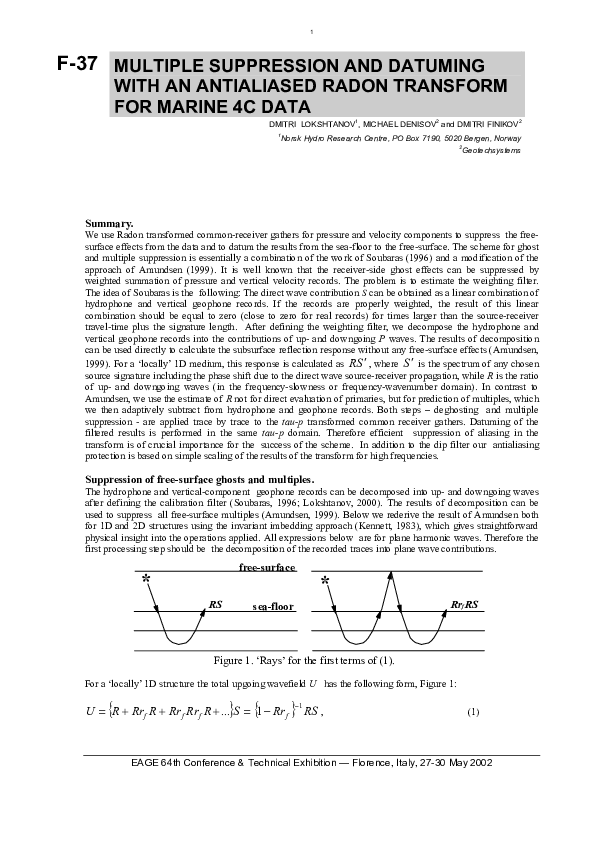 (PDF) Multiple Suppression and Datuming with an Antialiased Radon Transform for Marine 4C Data ...