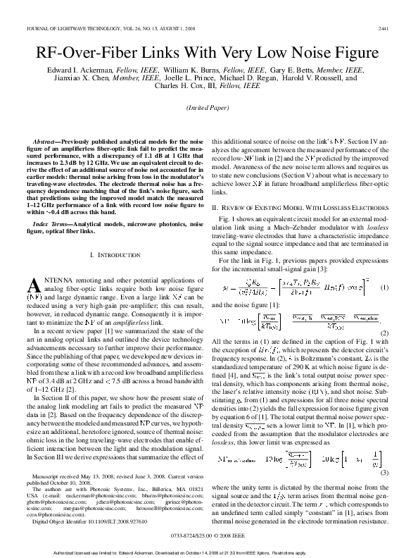 (PDF) RF-Over-Fiber Links With Very Low Noise Figure