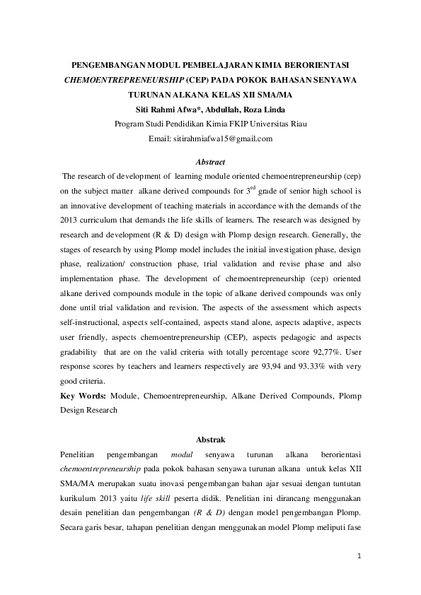 (PDF) Pengembangan Modul Pembelajaran Kimia Berorientasi Chemoentrepreneurship (Cep) Pada Pokok ...