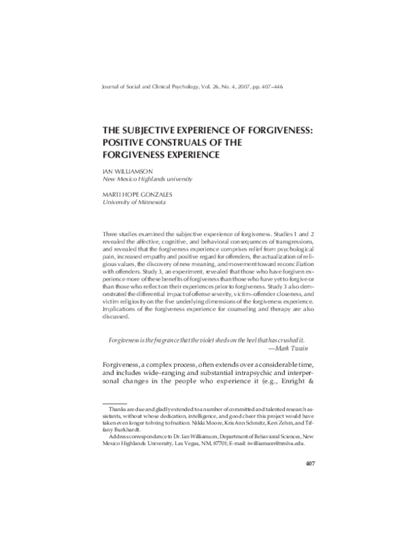 (PDF) The Subjective Experience of Forgiveness: Positive Construals of ...