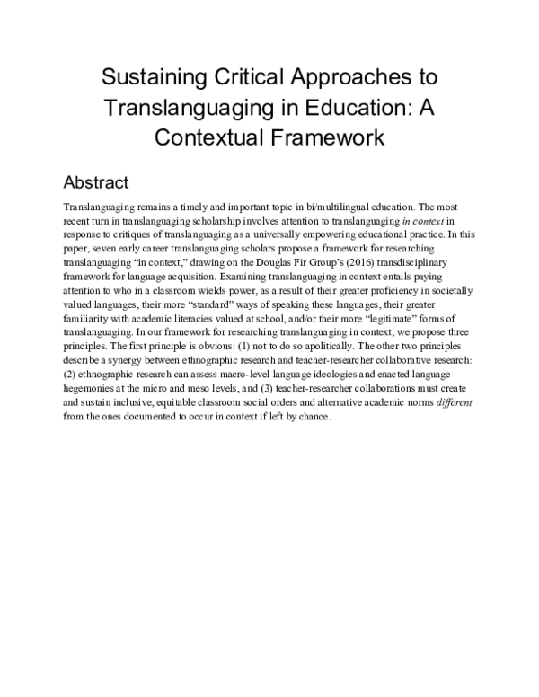 (DOC) Sustaining Critical Approaches to Translanguaging in Education: A ...
