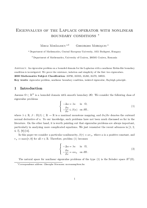 (PDF) Eigenvalues of the Laplace Operator with Nonlinear Boundary Conditions