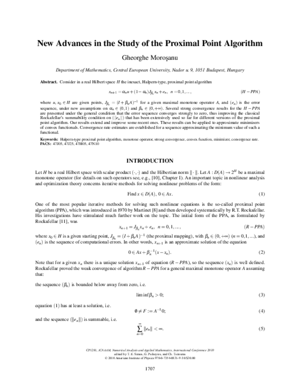 (PDF) New Advances in the Study of the Proximal Point Algorithm