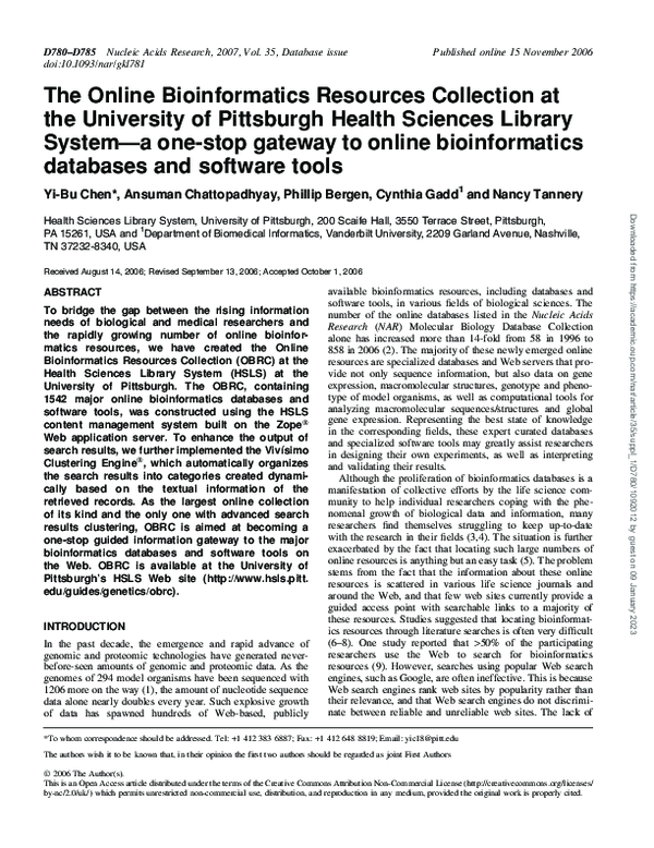 (PDF) The Online Bioinformatics Resources Collection at the University of Pittsburgh Health ...