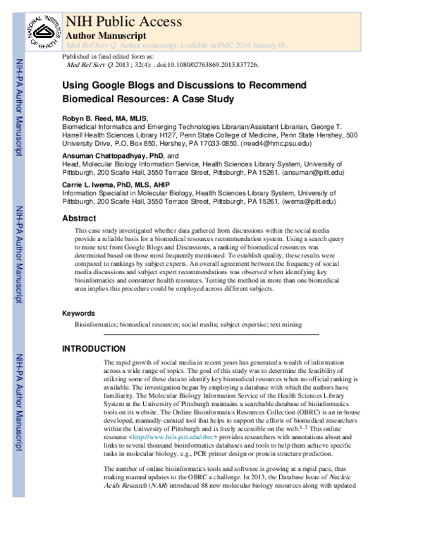 (PDF) Using Google blogs and discussions to recommend biomedical ...