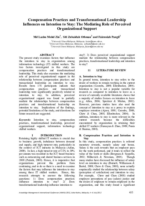 (PDF) Compensation practices and transformational leadership influences on intention to stay ...