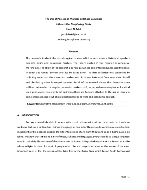 (PDF) The Use of Possession Markers in Bahasa Bakumpai: A Generative ...