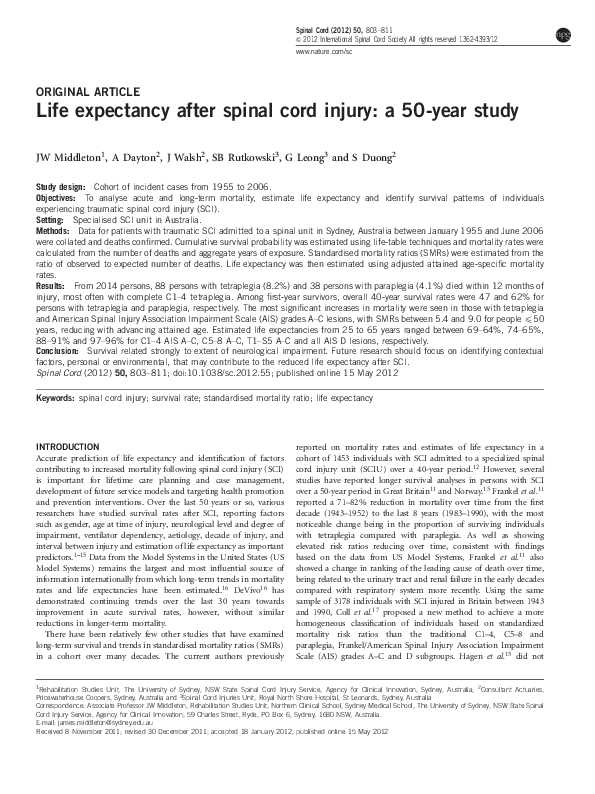 (PDF) Life expectancy after spinal cord injury: a 50-year study