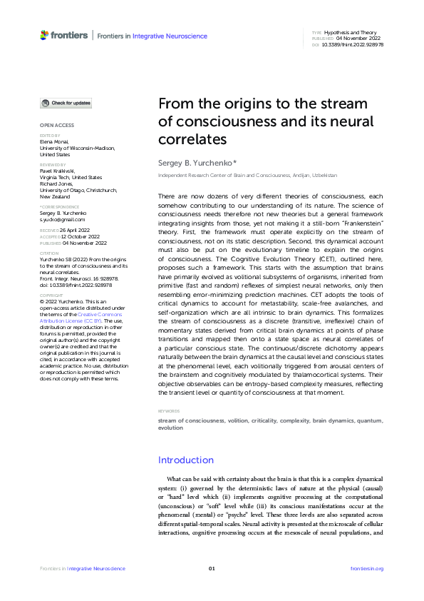 (PDF) From the origins to the stream of consciousness and its neural ...