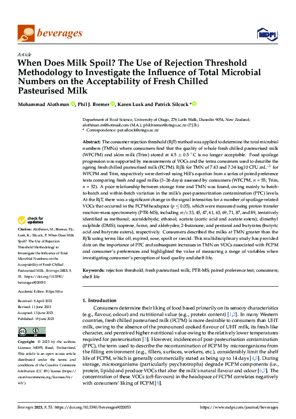 (PDF) When Does Milk Spoil? The Use of Rejection Threshold Methodology ...