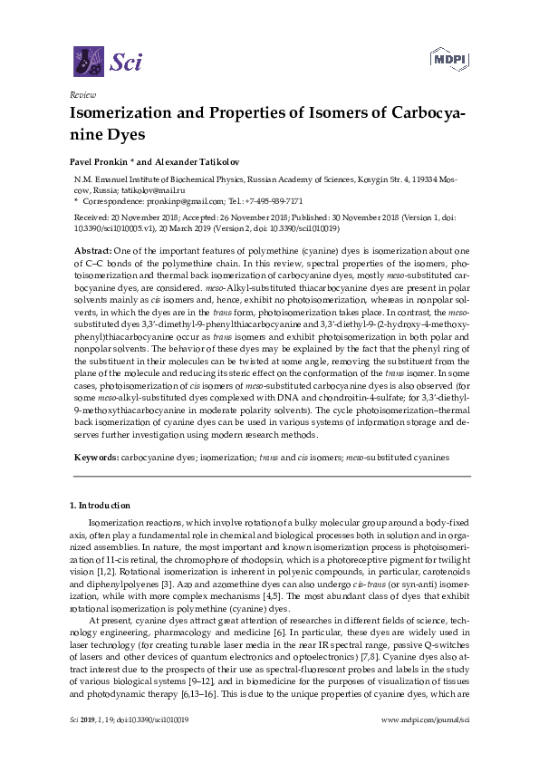 (PDF) Isomerization and Properties of Isomers of Carbocyanine Dyes