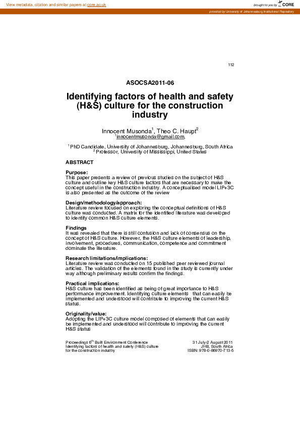 (PDF) Identifying factors of health and safety (H&S) culture for the construction industry