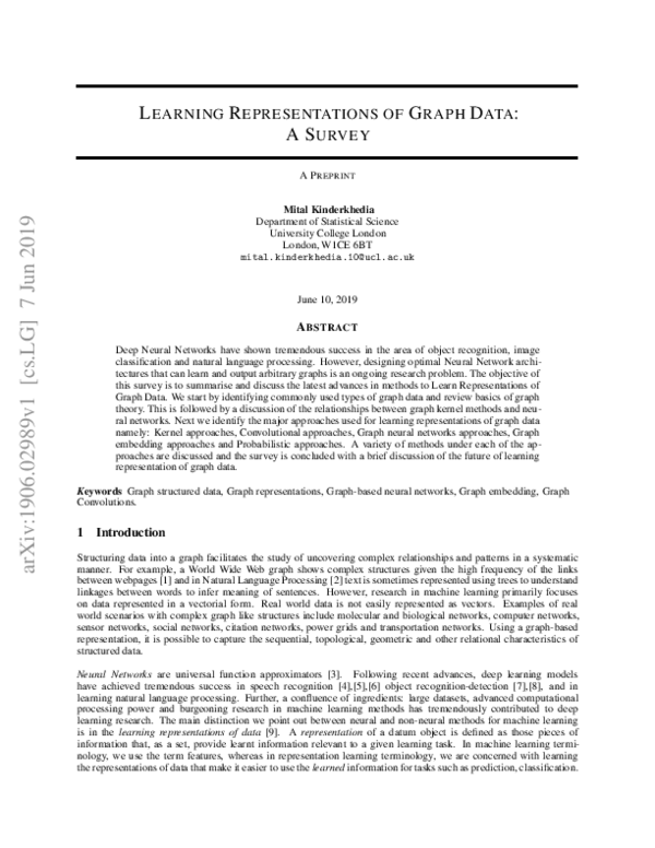 (PDF) Learning Representations of Graph Data - A Survey