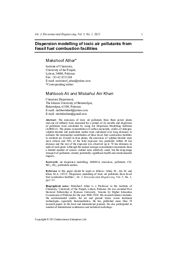 (PDF) Dispersion modelling of toxic air pollutants from fossil fuel ...