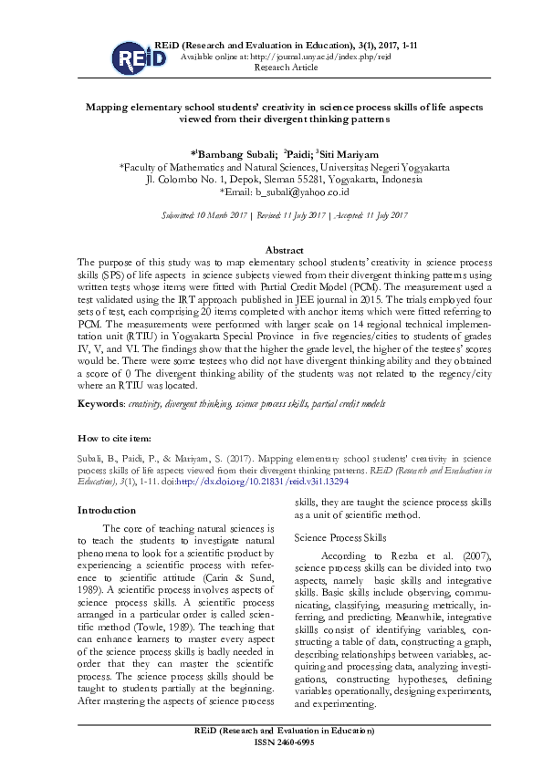 (PDF) Mapping elementary school students' creativity in science process skills of life aspects ...