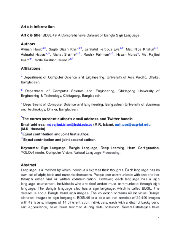 (PDF) BDSL 49: A comprehensive dataset of Bangla sign language